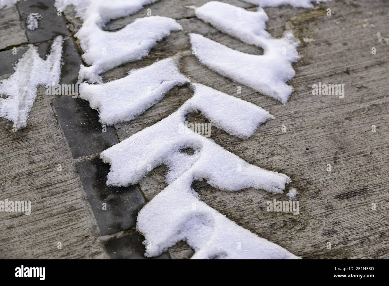 Wheel marks on snowy road, nature and vehicles, dangerous transport ...