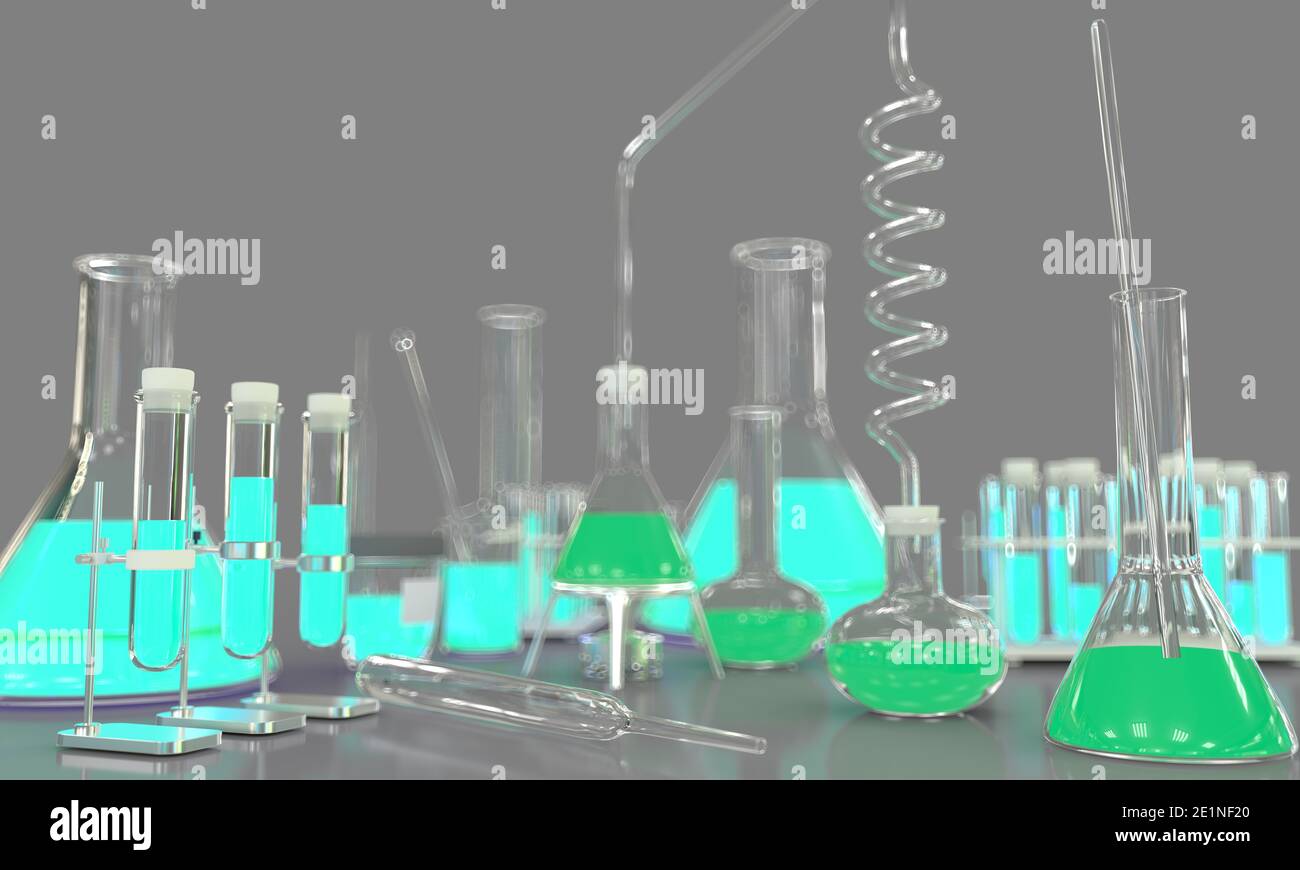 3D illustration of objects - laboratory test-tubes with various ...