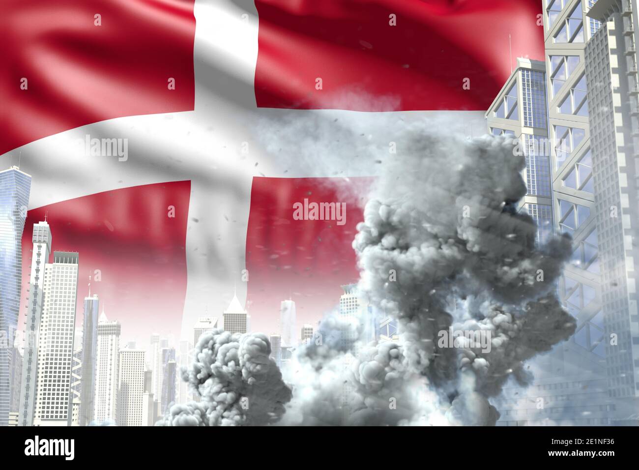 big smoke column in abstract city - concept of industrial disaster or ...