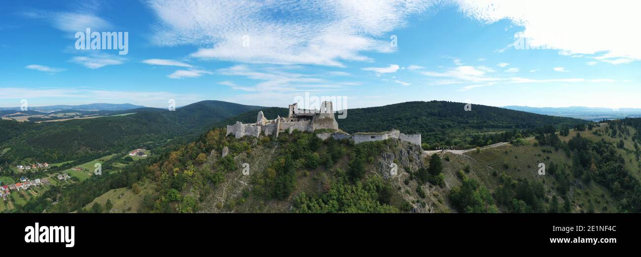 Aerial view of Cachtice Castle in the village of Cachtice in Slovakia ...