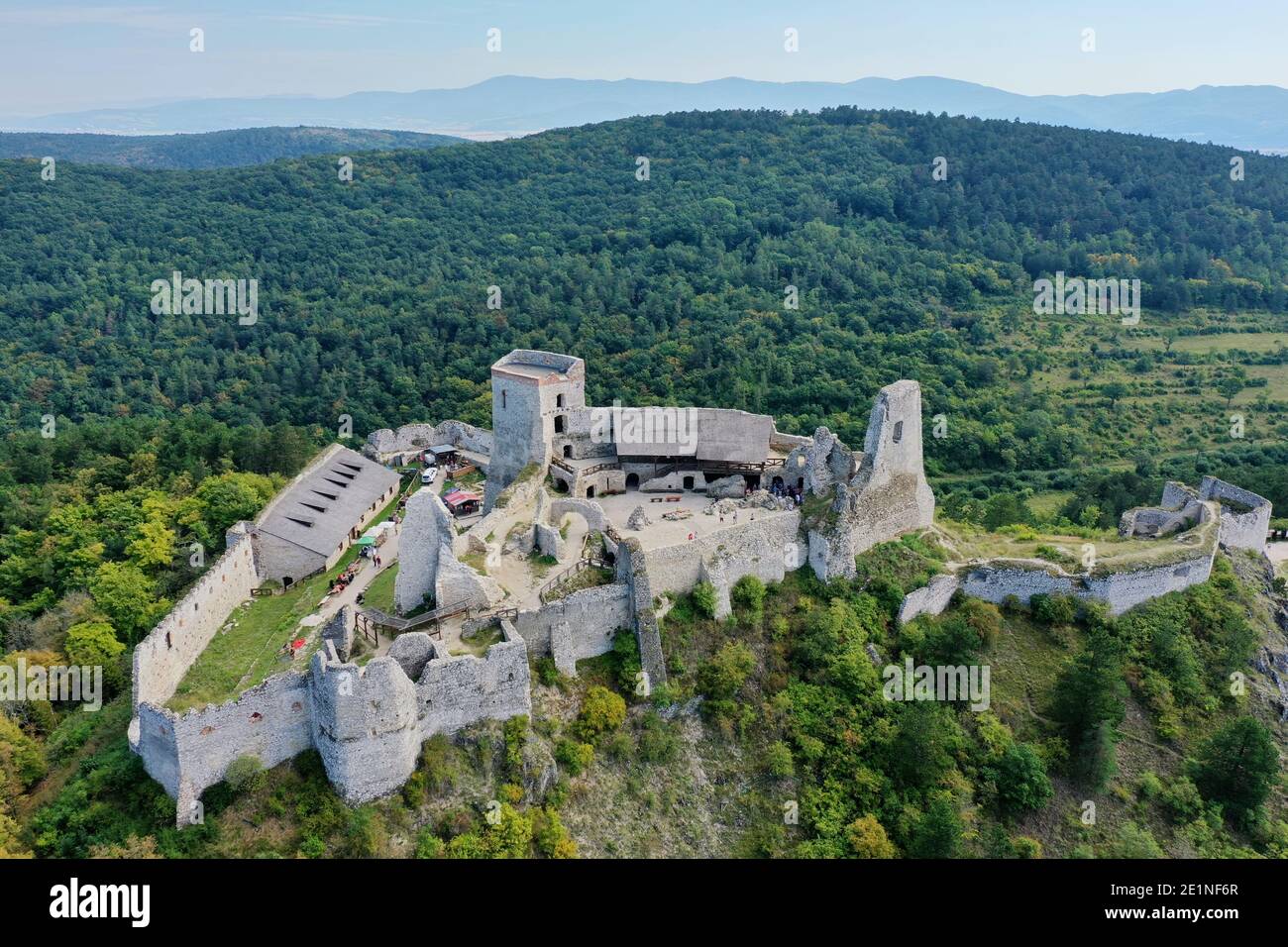 Aerial view of Cachtice Castle in the village of Cachtice in Slovakia ...