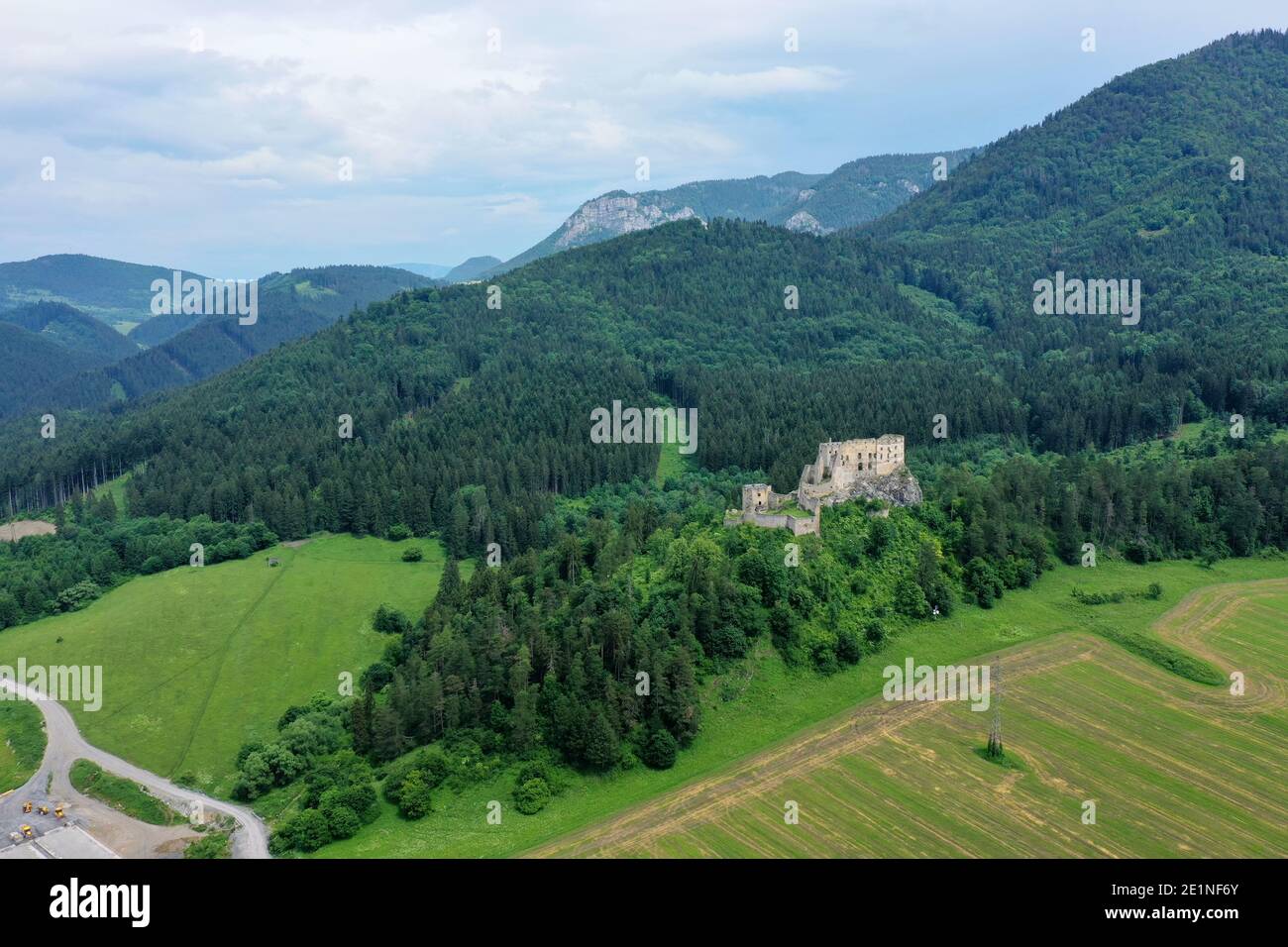Aerial view of Likava castle in Likavka village in Slovakia Stock Photo ...