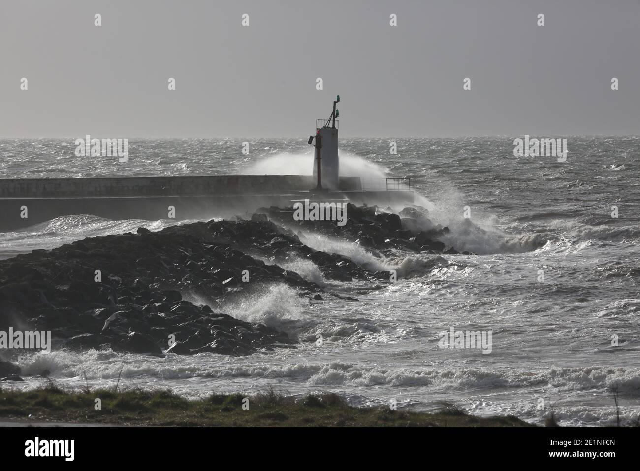 Girvan, Ayrshire, Scotland, UK, Waves crash of the sea wall and ...