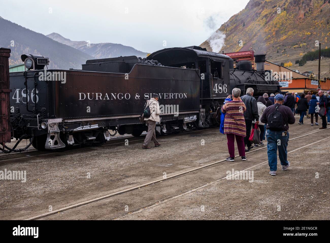 Passengers disembarking from the Rio Grande class steam locomotive 486 ...