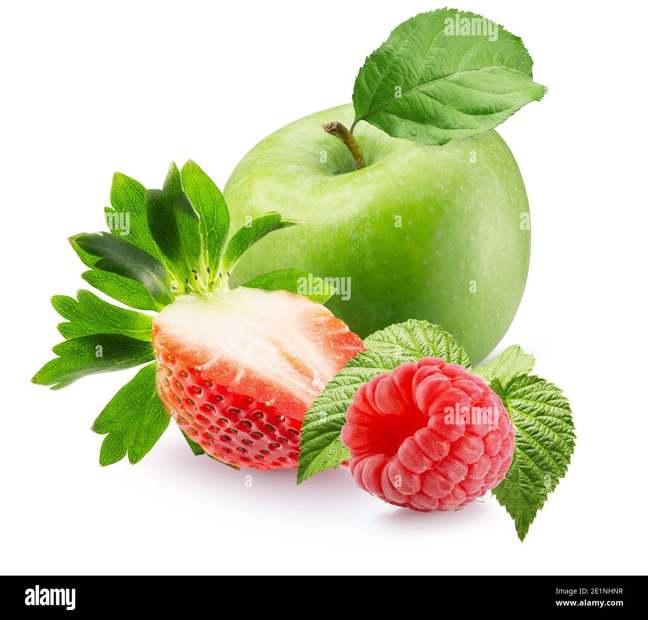 green apple, strawberry and raspberries with leaves isolated on a white ...
