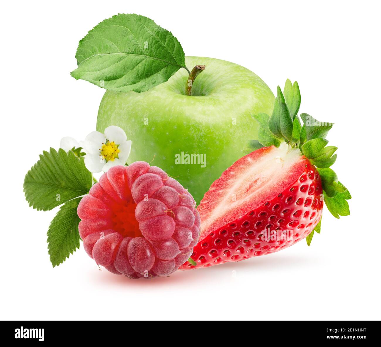 green apple, strawberry and raspberries and leaves isolated on a white ...