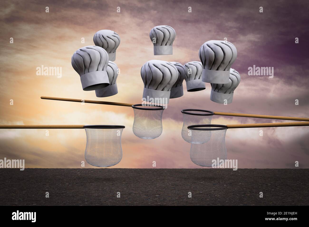 Chef hats falling from sky and the nets try to catch them at sunset ...