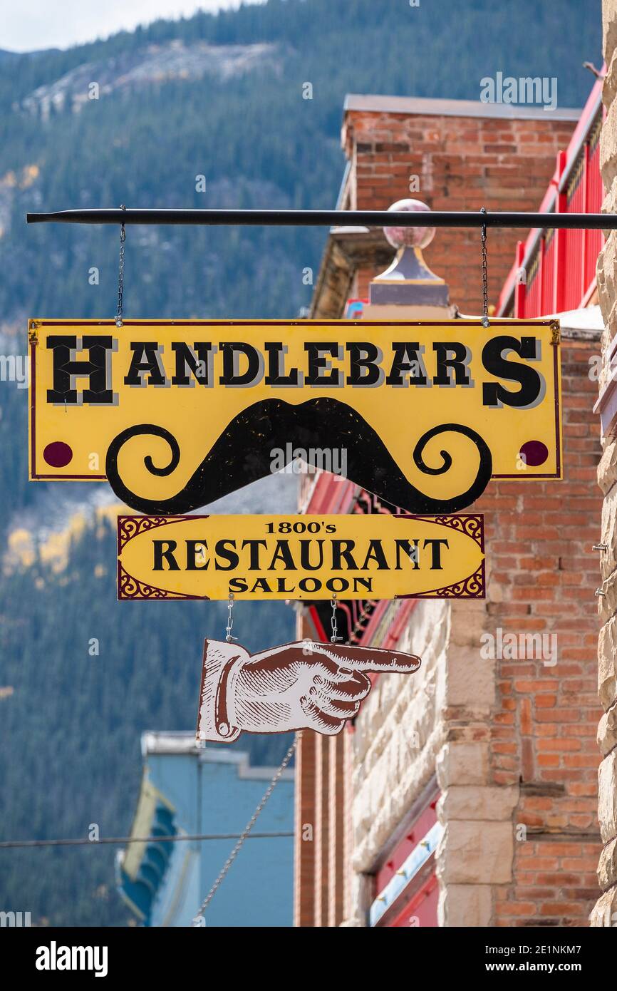 Suspended street sign for Handlebars Restaurant and Saloon in Silverton ...
