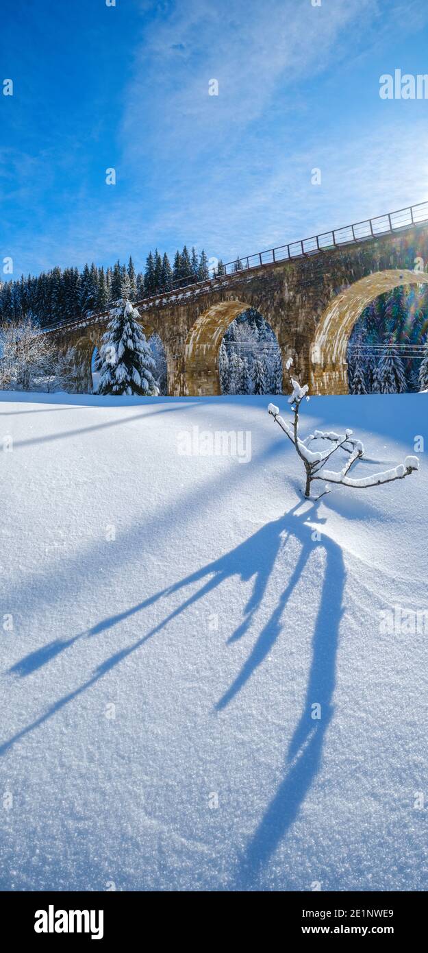 Stone viaduct (arch bridge) on railway through mountain snowy fir ...