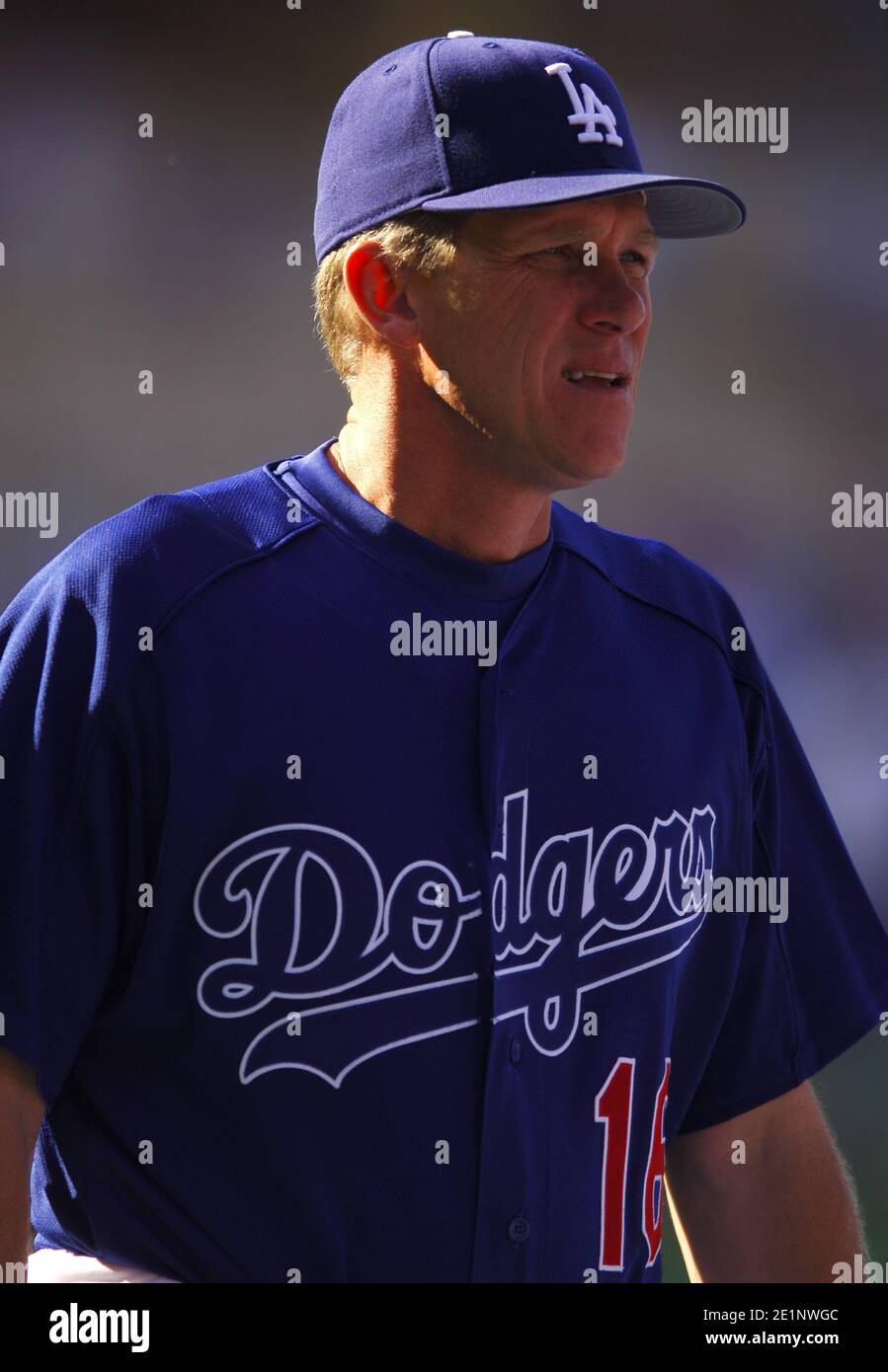 Los Angeles Dodgers manager Jim Tracy watches batting practice before ...