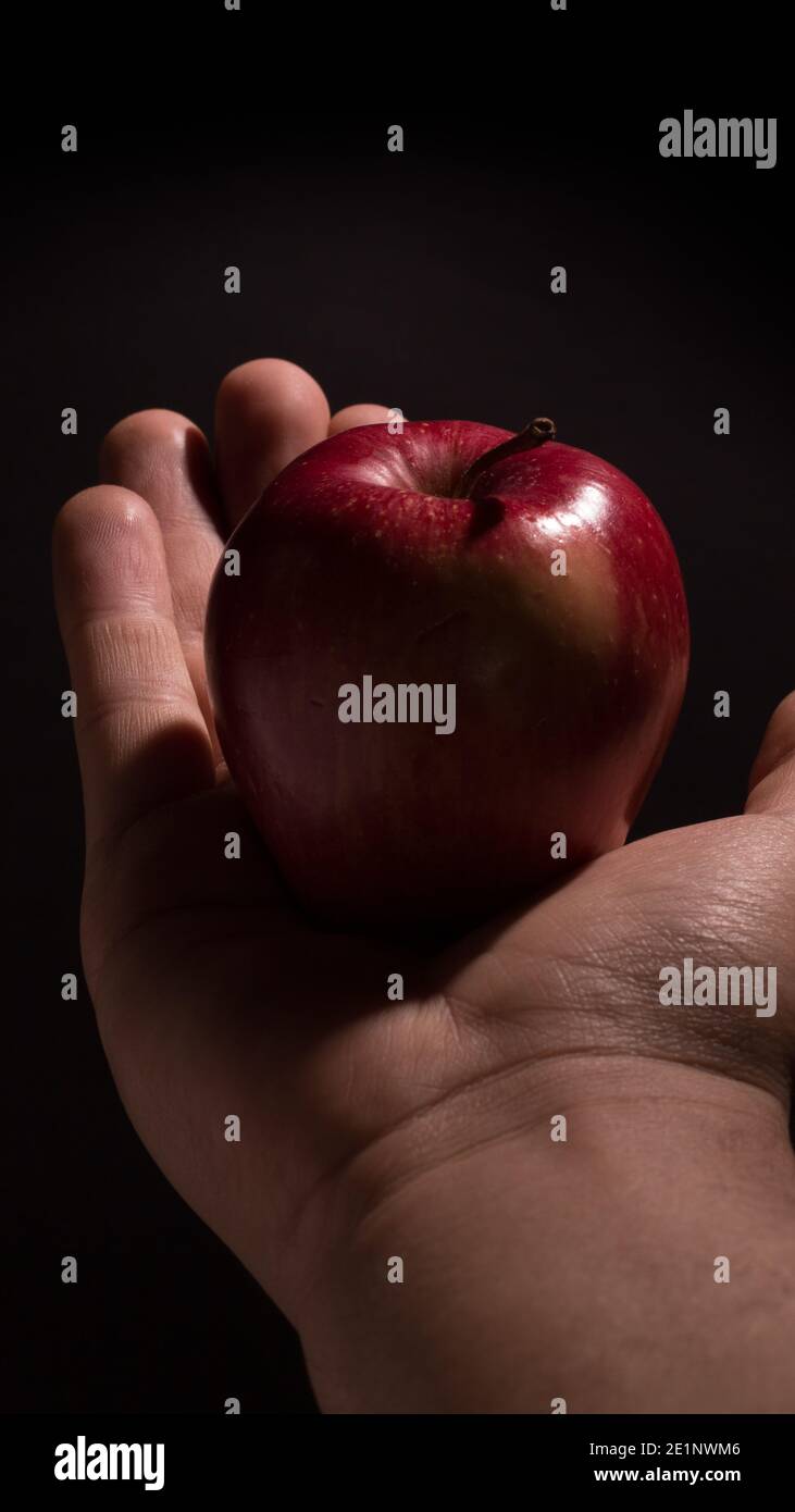 red apple held by a hand on black background Stock Photo - Alamy