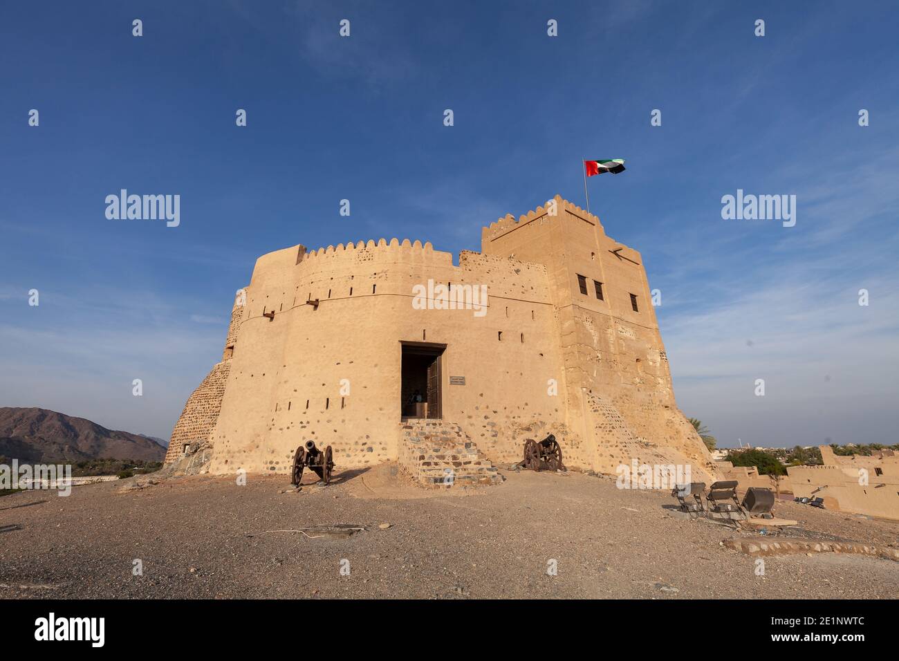 The outside of the historic Fujairah Fort, United Arab Emirates Stock ...