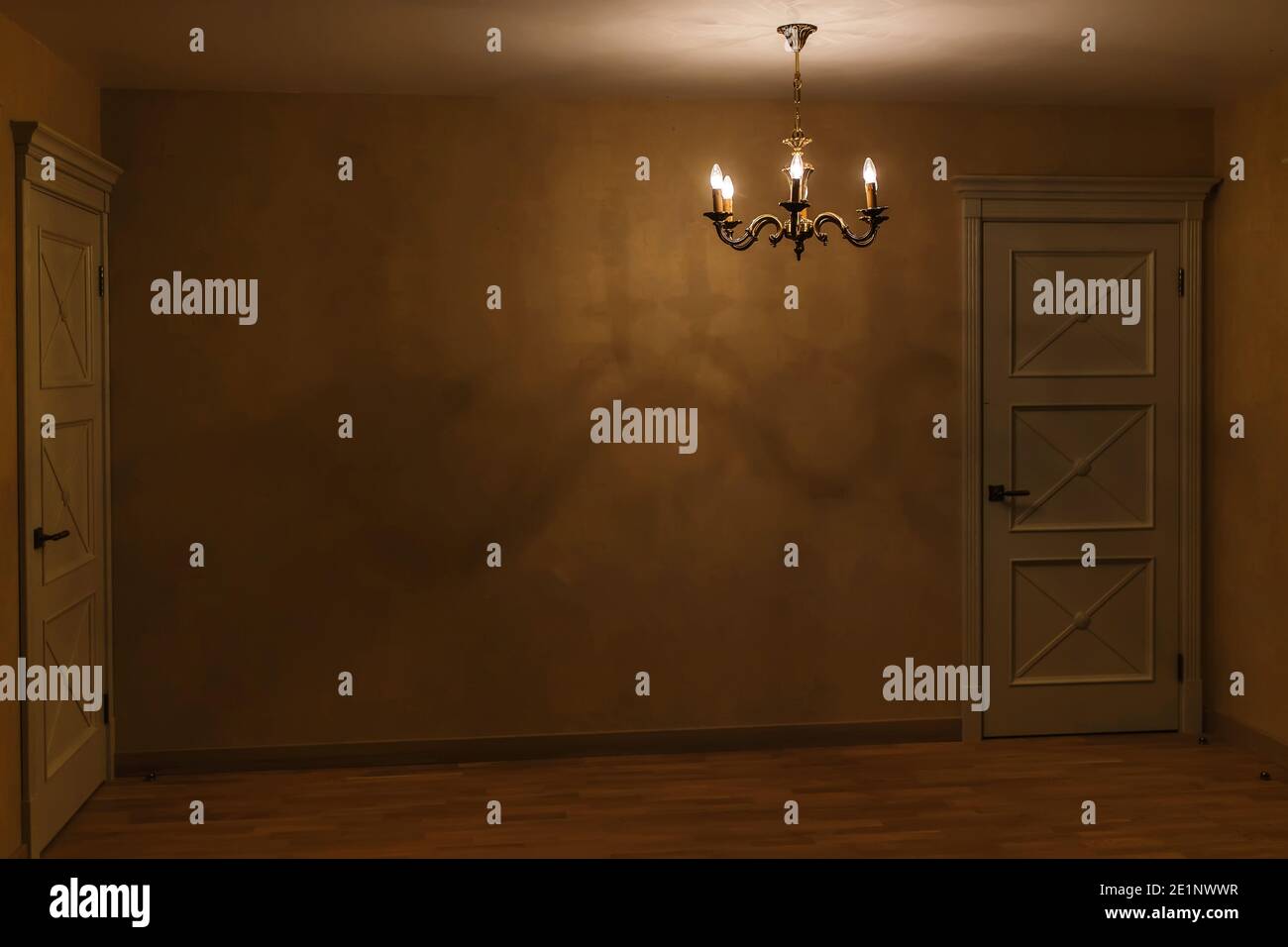 Close up of closed wooden door in the empty room with copy space. dark ...