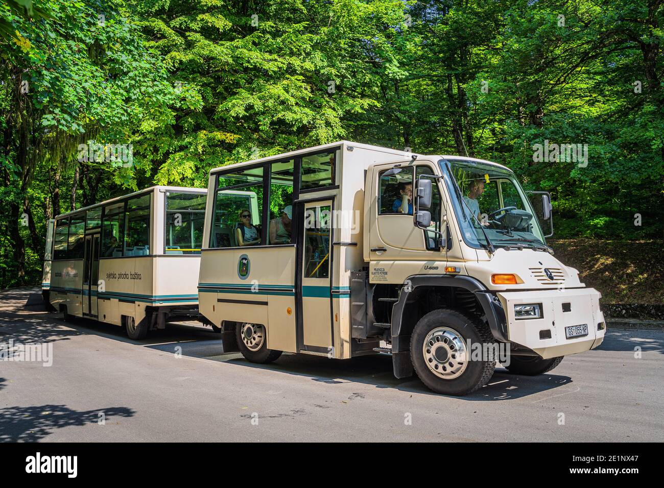 Plitvice Lakes, Croatia, June 2019 Unusual vehicle, a train like bus ...