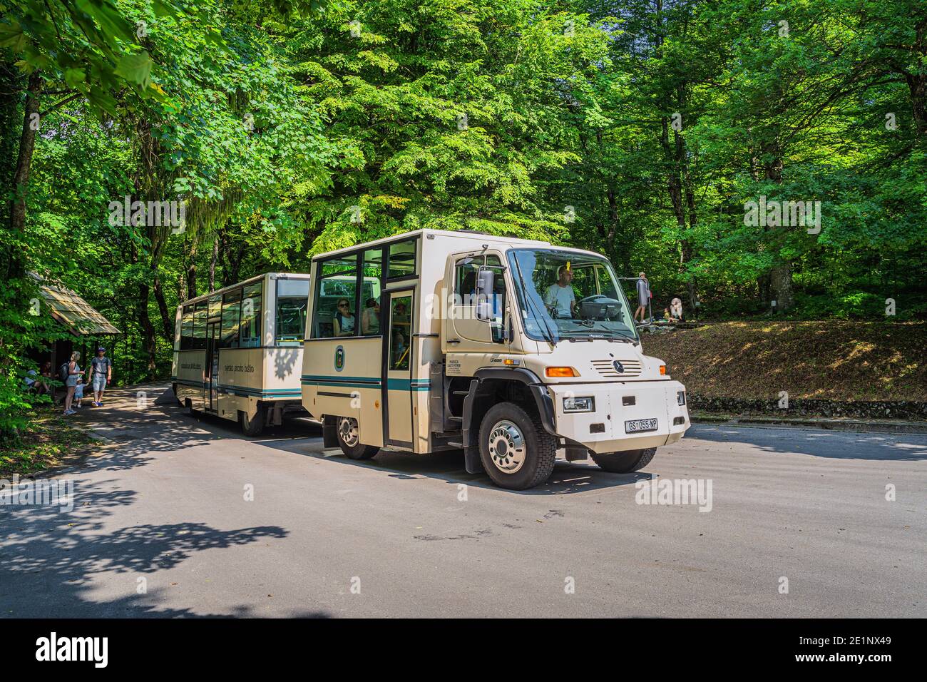 Plitvice Lakes, Croatia, June 2019 Unusual vehicle, a train like bus ...