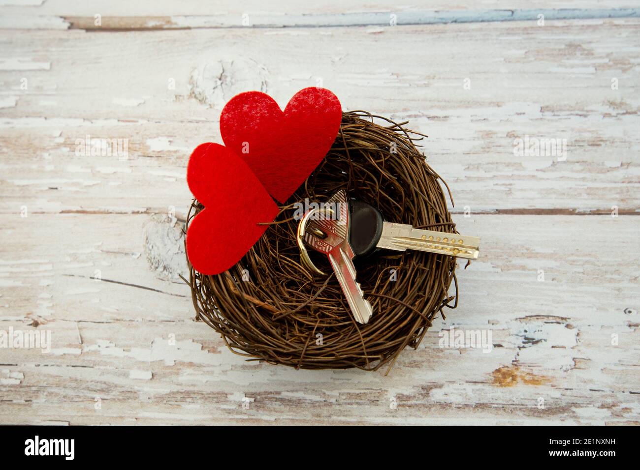 house keys in a nest with hearts. valentine's day gift Stock Photo - Alamy