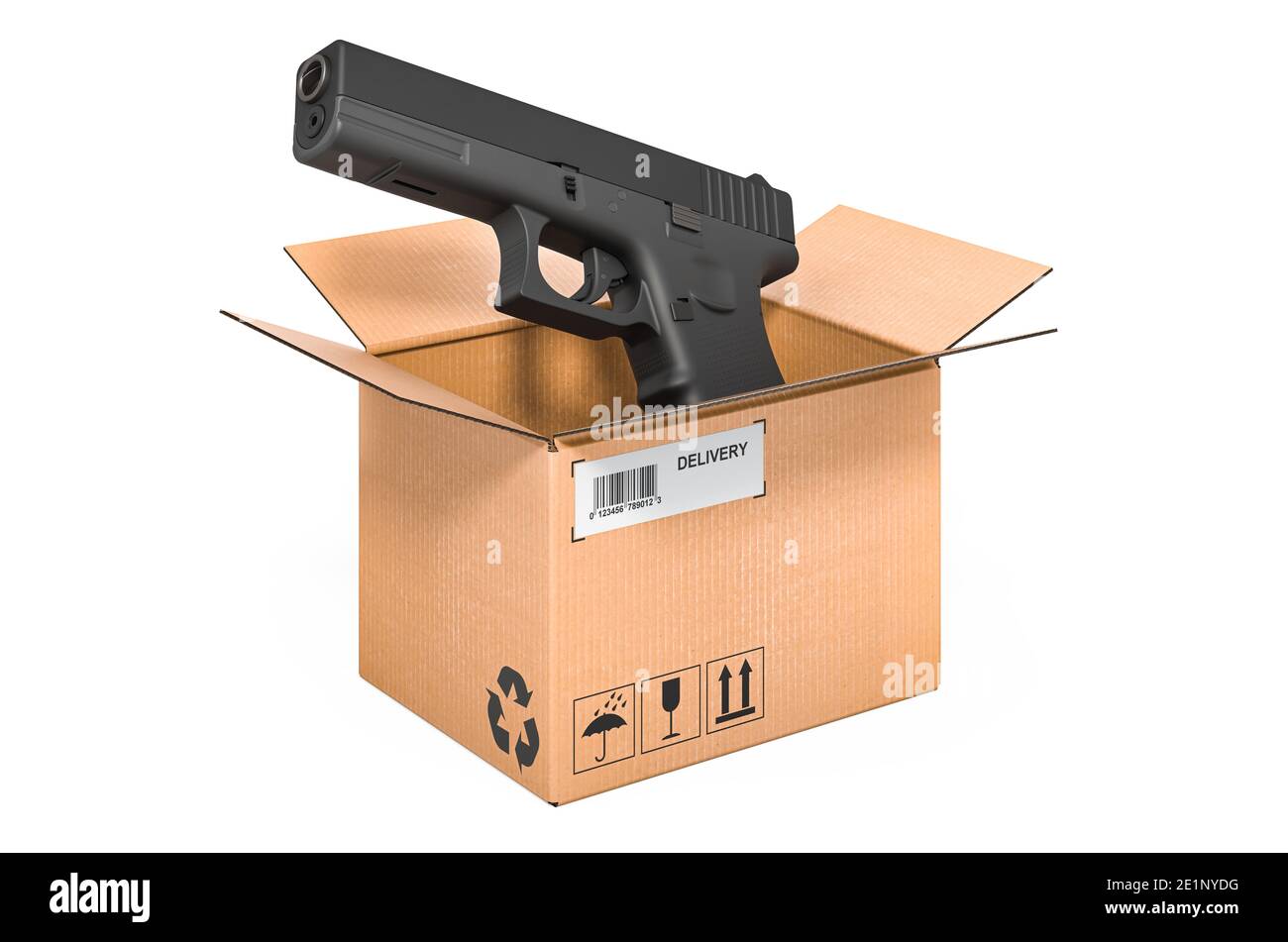 Handgun inside cardboard box, delivery concept. 3D rendering isolated ...