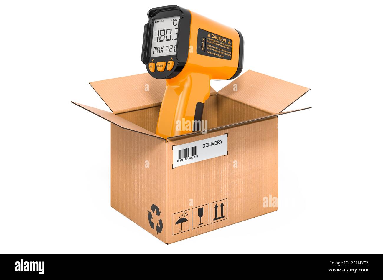 Infrared thermometer inside cardboard box, delivery concept. 3D ...