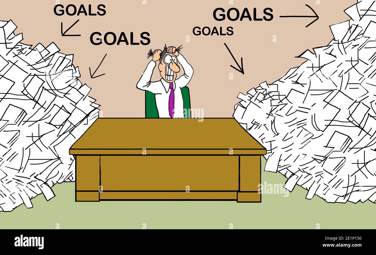 Male executive is overwhelmed by too many goals Stock Photo - Alamy