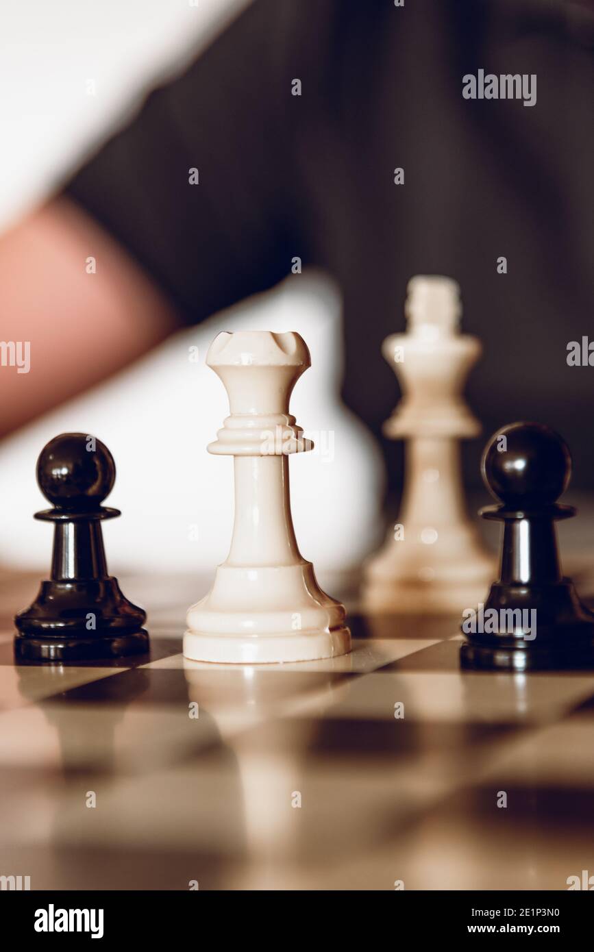 Chess pieces on chessboard. Playing chess at home. Narrow depth of ...