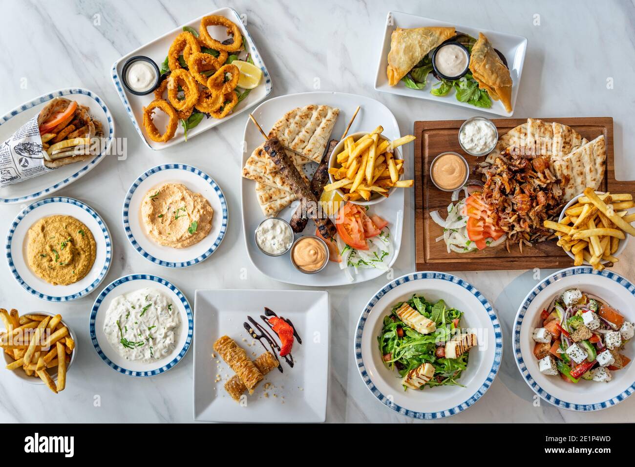 Mediterranean food colorful large flatlay Stock Photo - Alamy