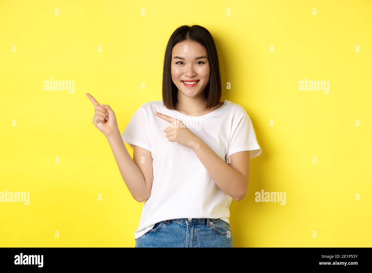 Beauty and fashion concept. Beautiful asian woman in white t-shirt ...