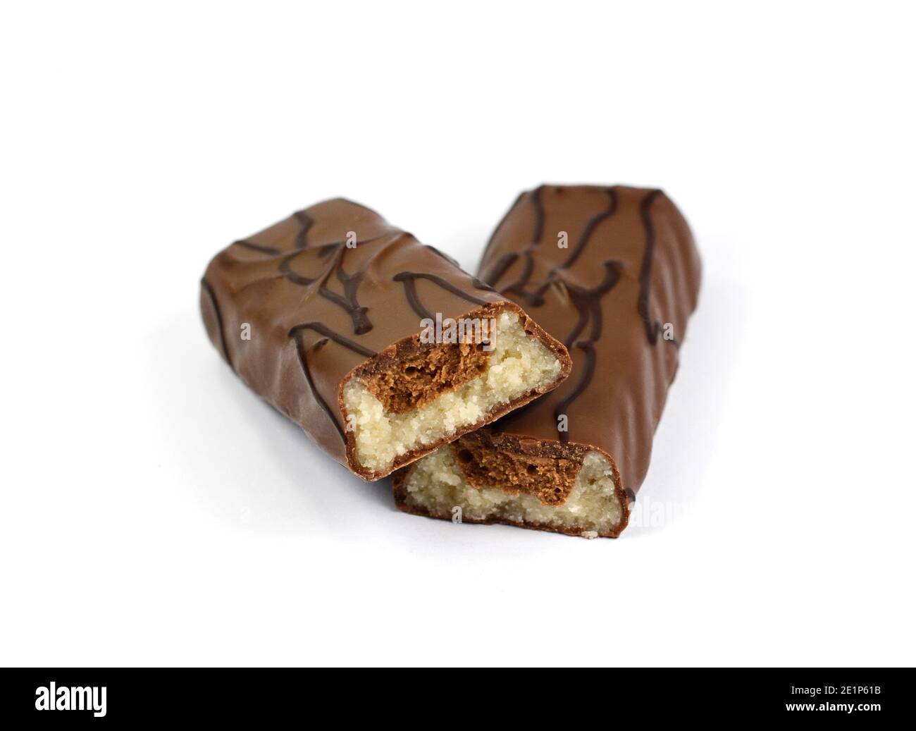 Chocolate covered marzipan bars isolated on a white background with ...