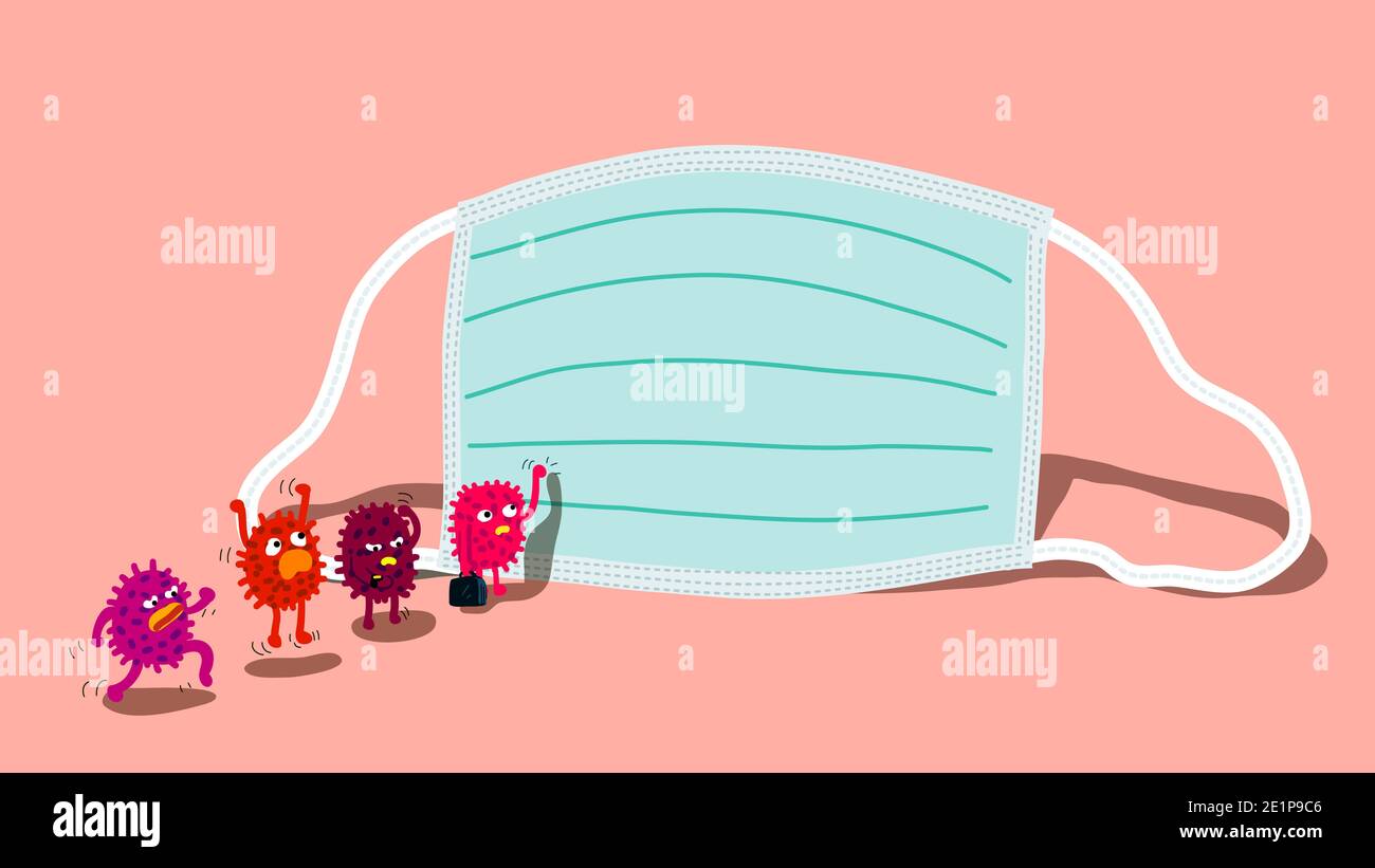 Virus cartoon characters knocking on face mask wall trying to get ...