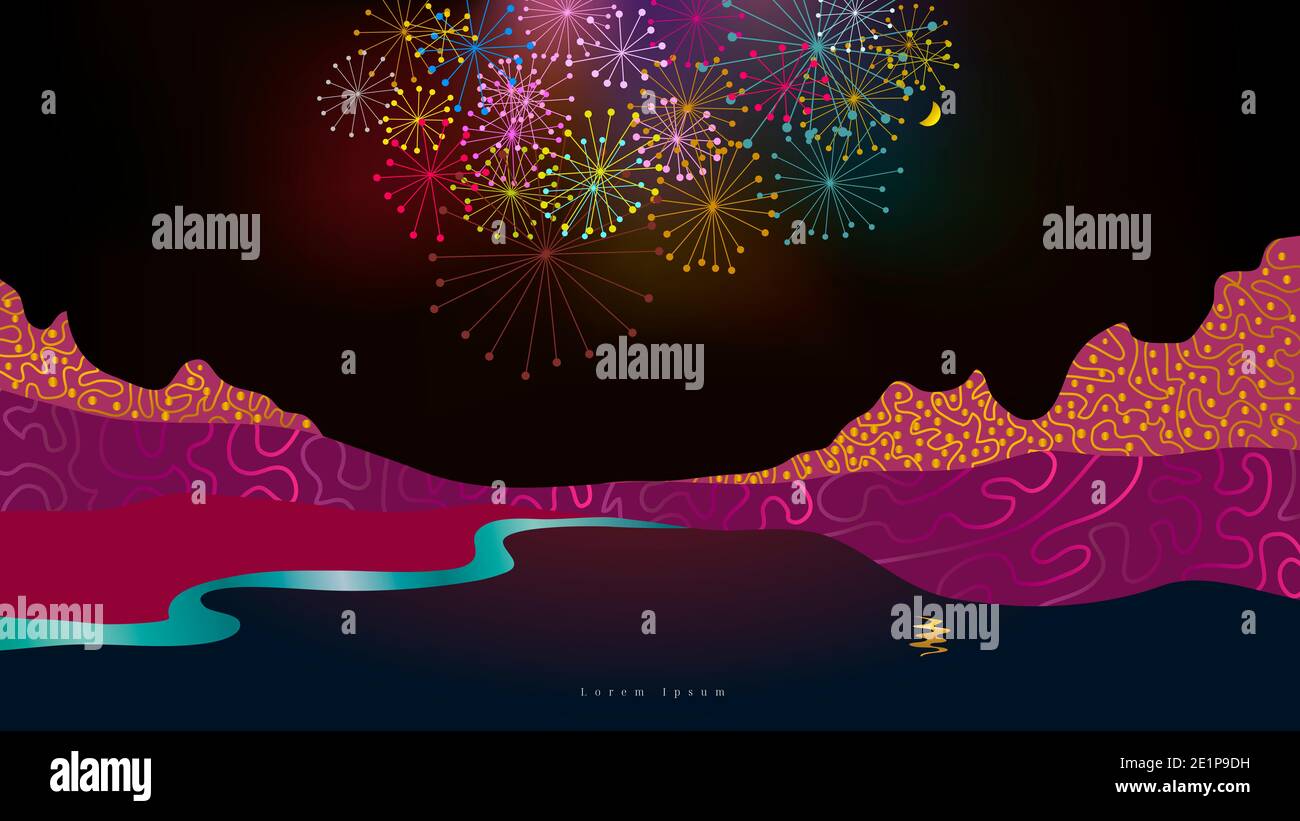 Abstract image of night landscape depicting fireworks over the water ...