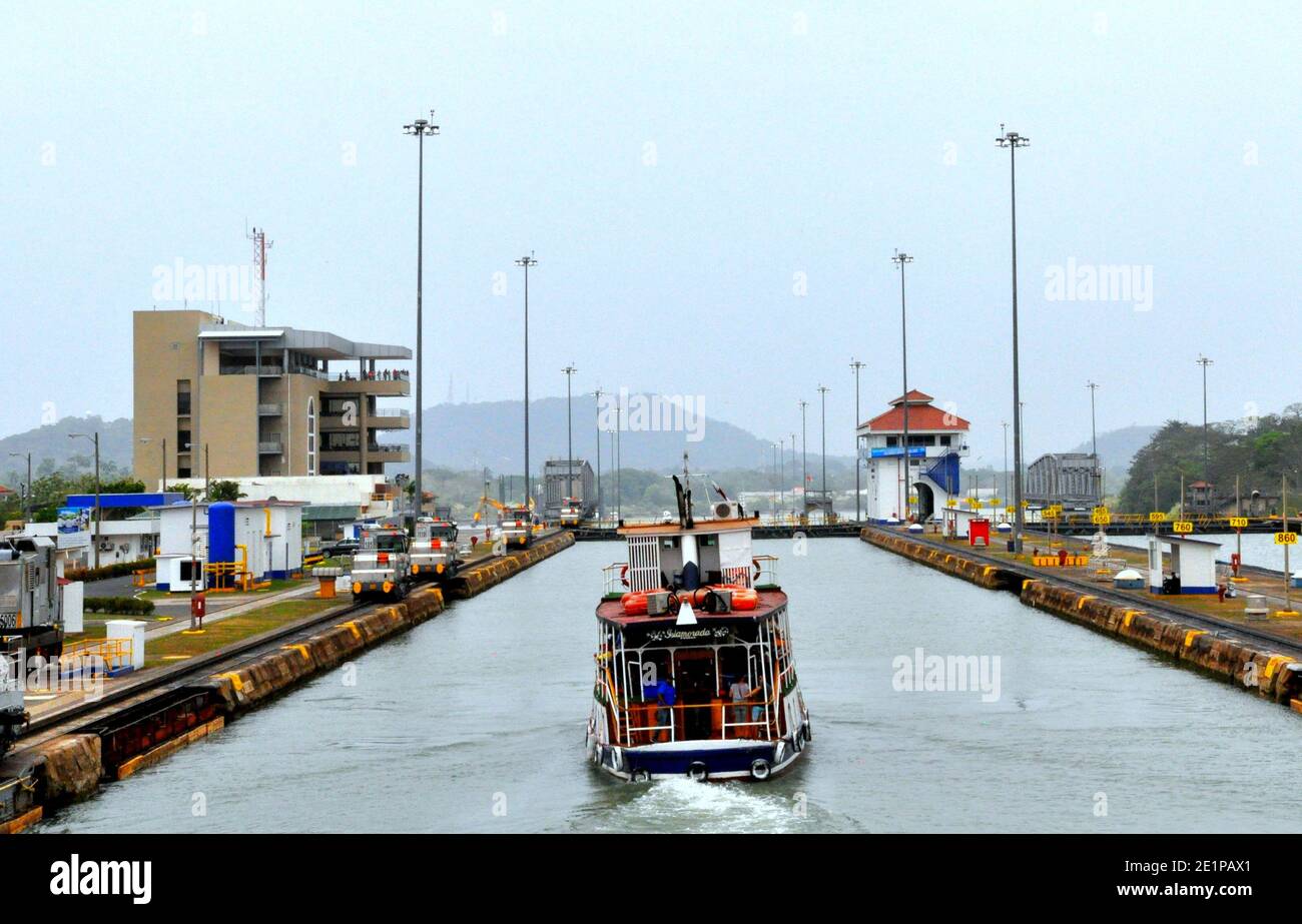 Panama City, Panama - May 9, 2015 - A boat crossing Panama Canal, an ...