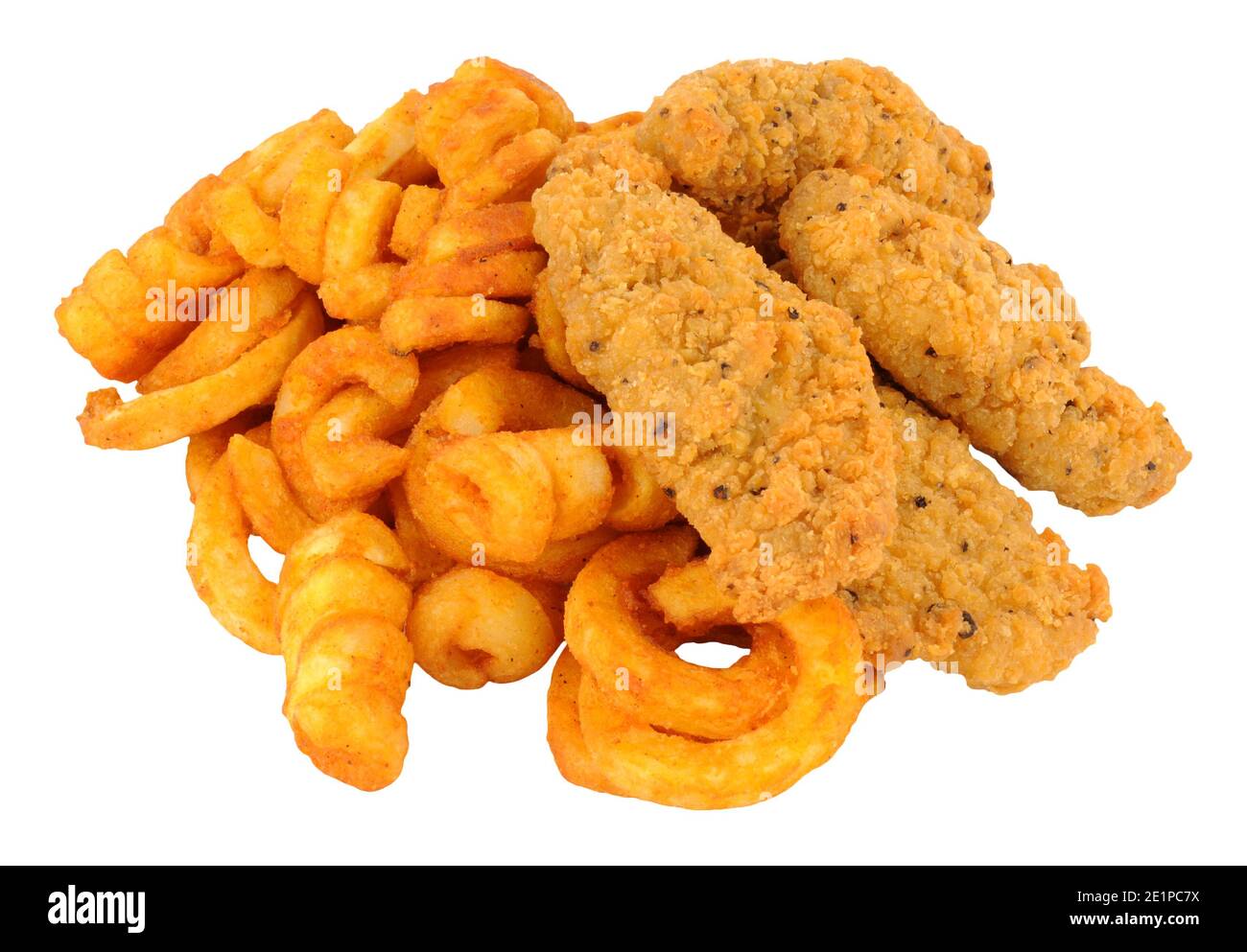 Southern fried chicken and curly potato fries isolated on a white ...