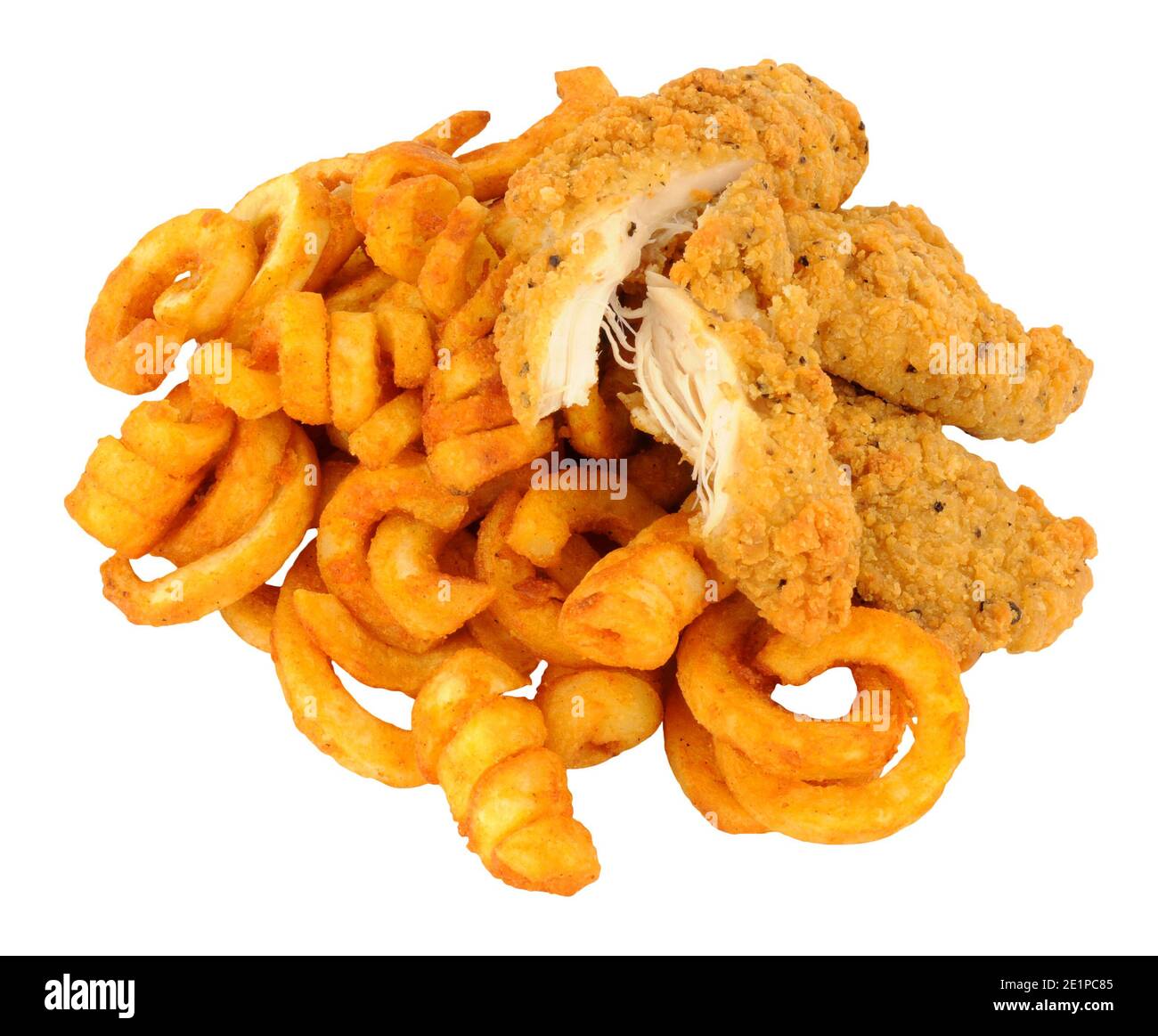Southern fried chicken and curly potato fries isolated on a white ...