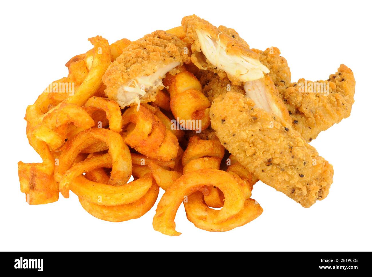 Southern fried chicken and curly potato fries isolated on a white ...