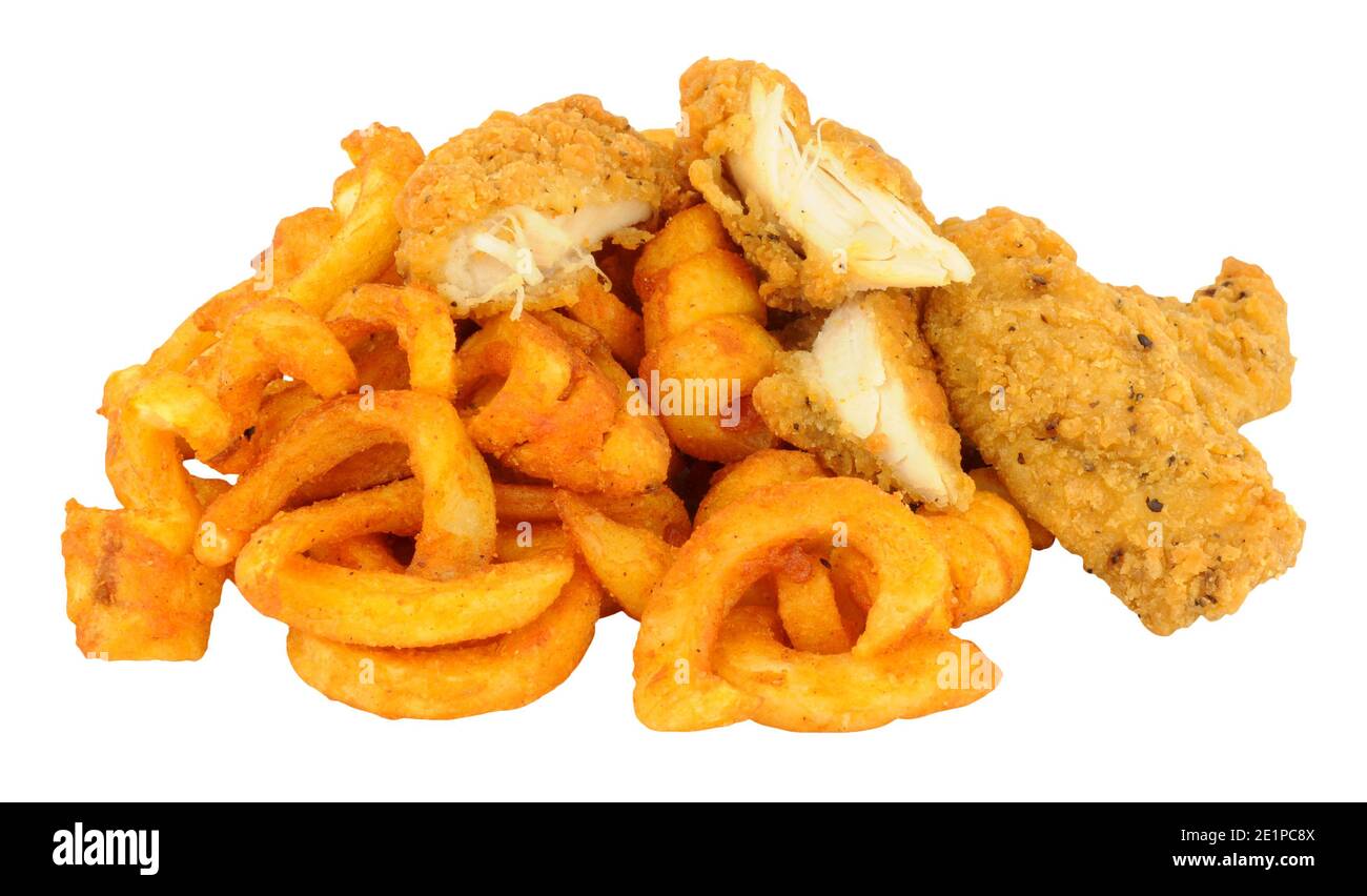 Southern fried chicken and curly potato fries isolated on a white ...