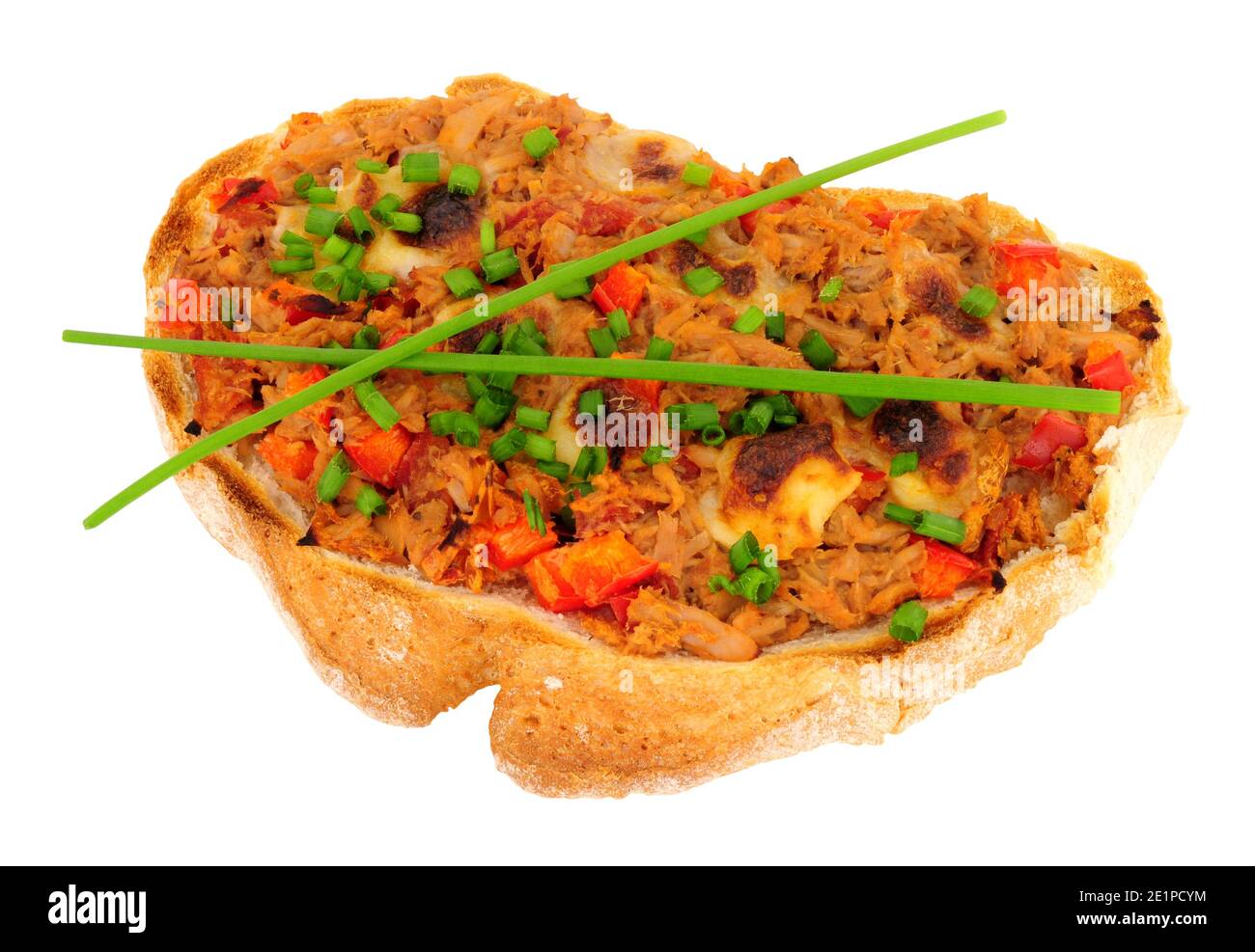 Grilled tuna fish and cheese on toast with chives isolated on a white ...