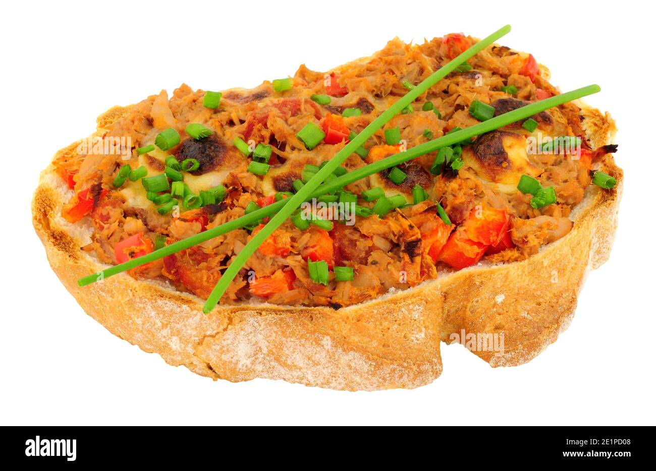 Grilled tuna fish and cheese on toast with chives isolated on a white ...