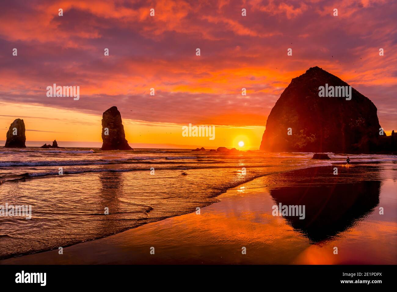 Colorful Sunset Birds Haystack Rock Sea Stacks Canon Beach Clatsap ...