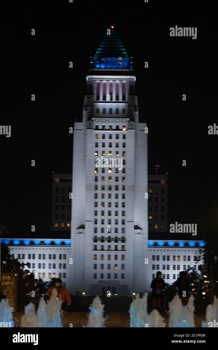 Los Angeles City Hall is illuminated in blue in honor of Los Angeles ...