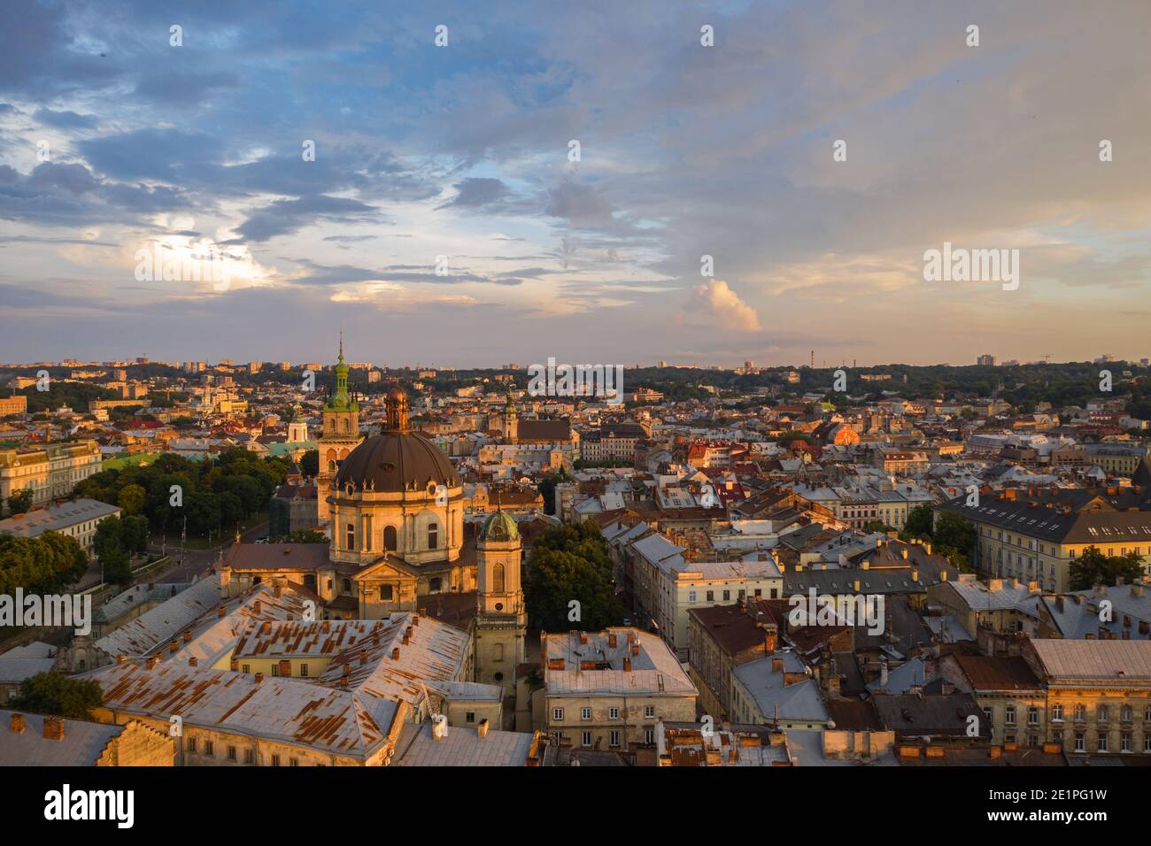 Lviv Ukraine 2020 Aerial View On Dominican Church And Dormition Church In Lviv Ukraine From
