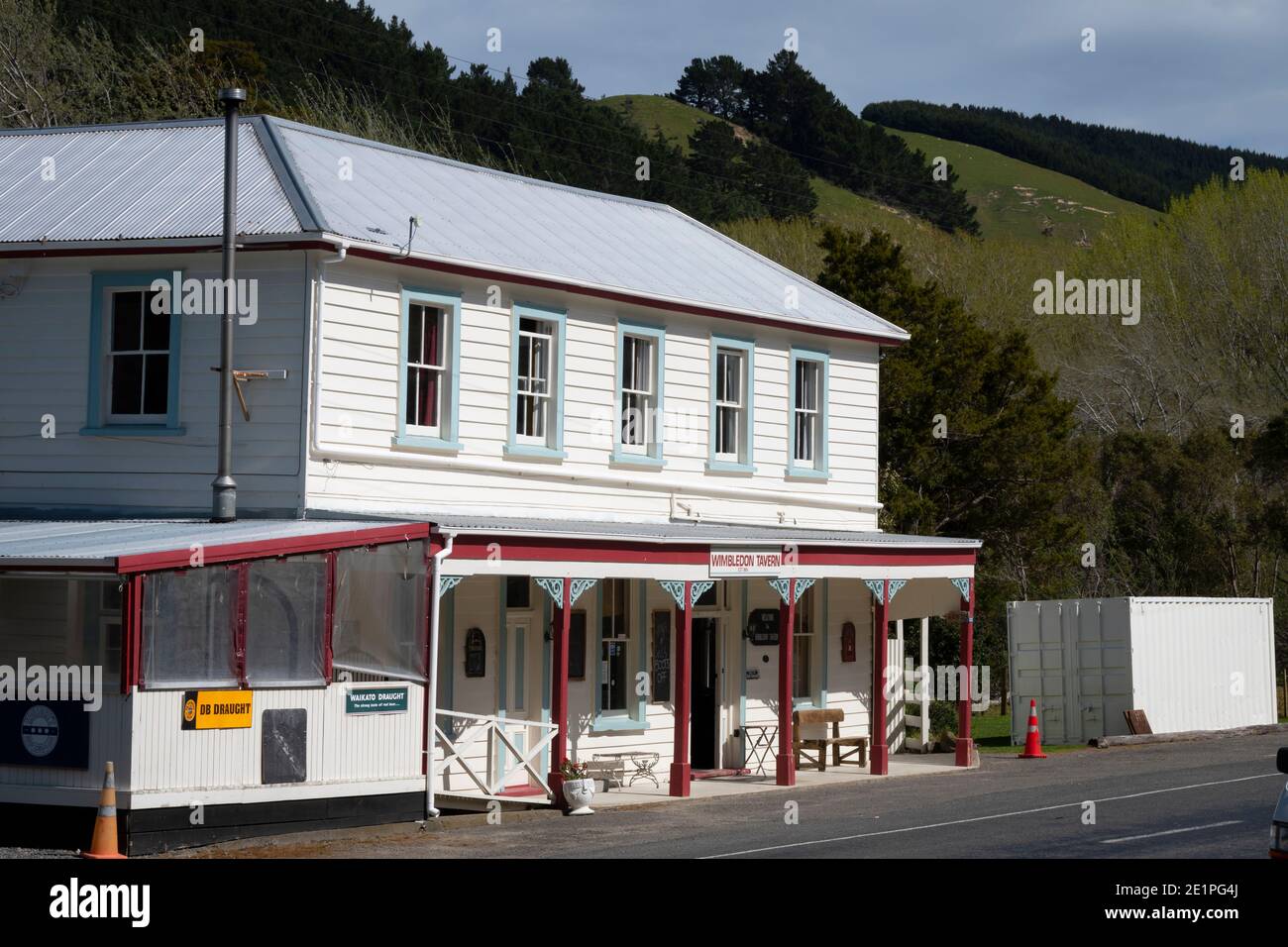 door and shadow of veranda pillar, Wimbledon Tavern, Tararua District ...