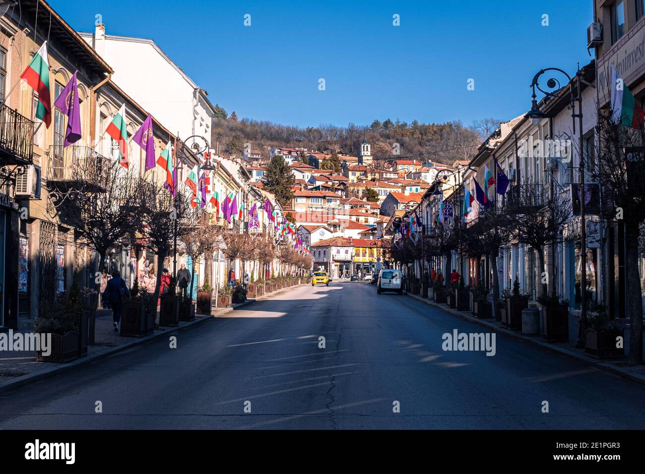 View up the main street of the city of Veliko Tarnovo Bulgaria, with ...
