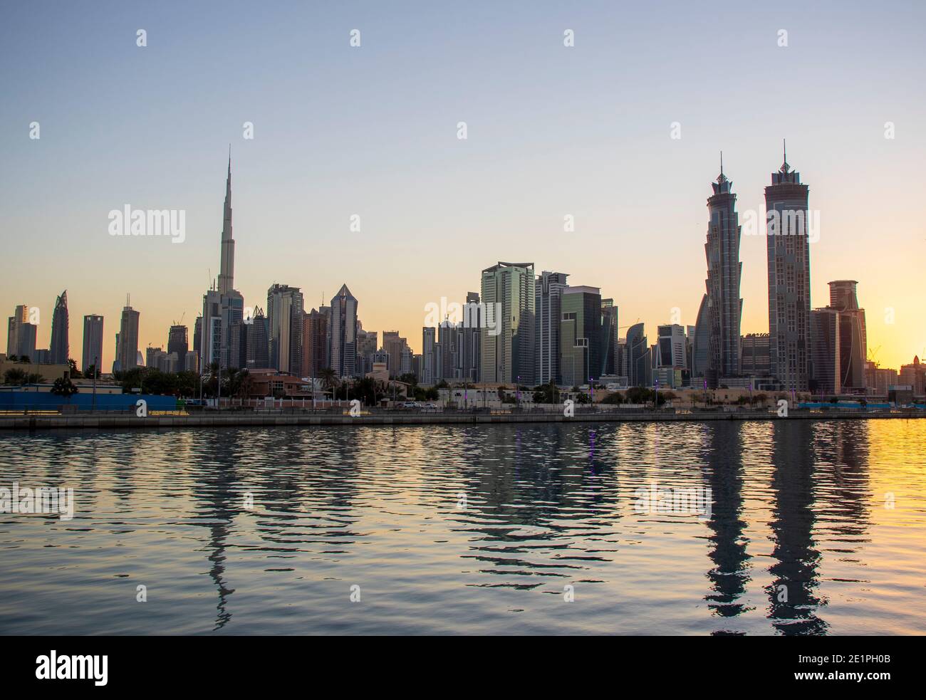 Dubai, UAE - 01.08.2021 View of the Dubai city skyline at Dubai Water ...