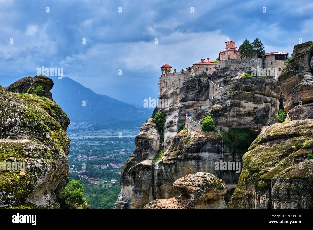 Cliff-top Great Meteoron monastery in rocky landscape of famous Meteora ...