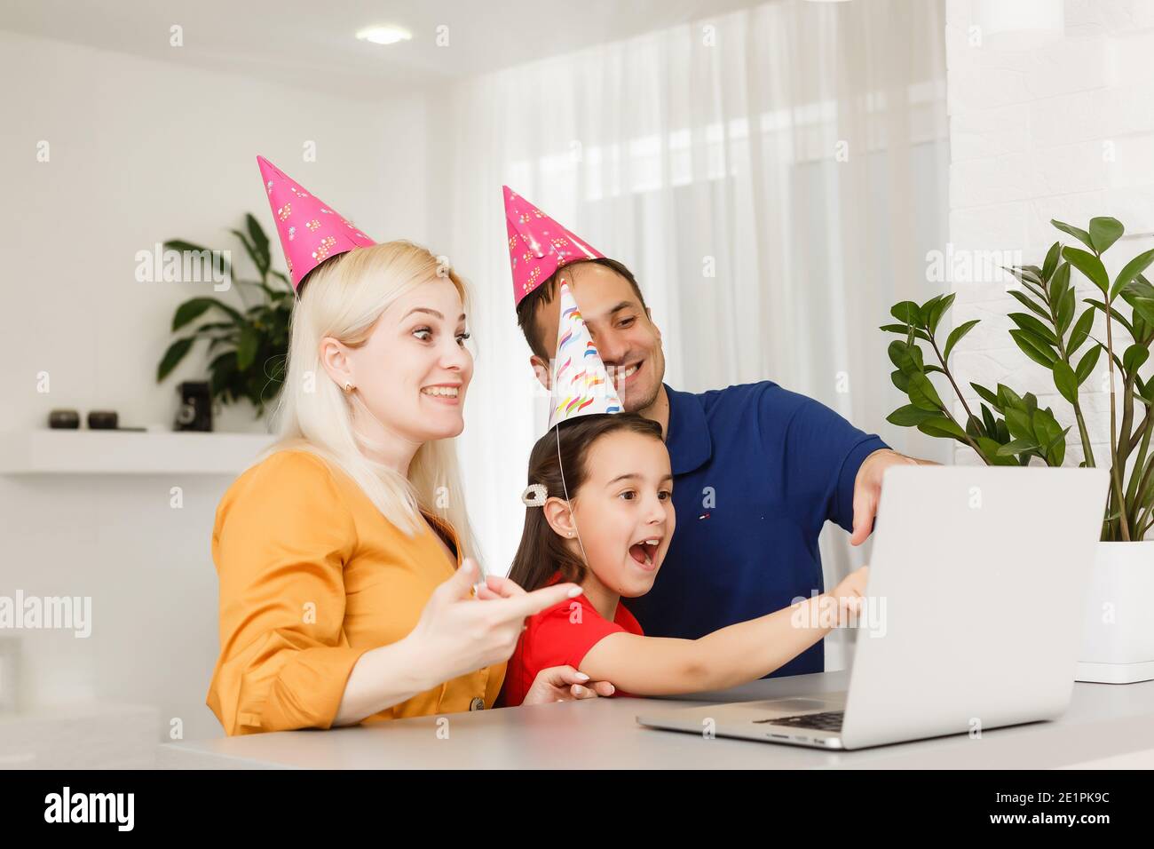 Big family celebrates birthday online. Mom dad kids at home laptop ...