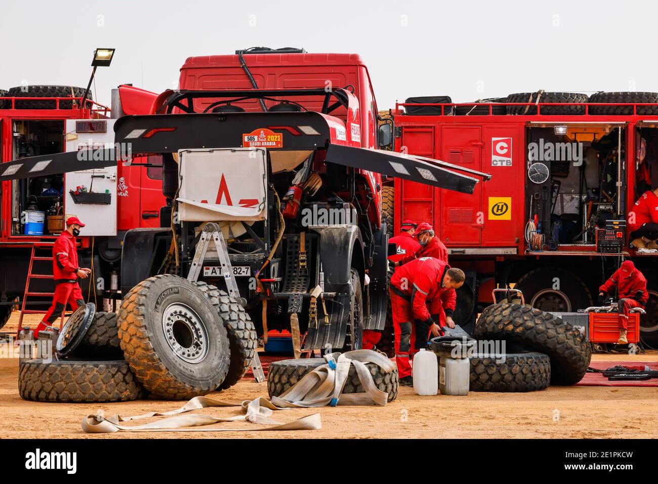 Maz mechanic working on their trucks during the Rest Day of the Dakar 2021 in Ha'il, in Saudi ...