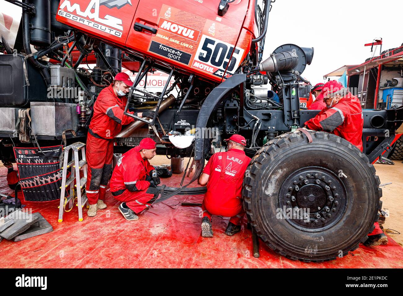 Maz mechanic working on their trucks during the Rest Day of the Dakar 2021 in Ha'il, in Saudi ...