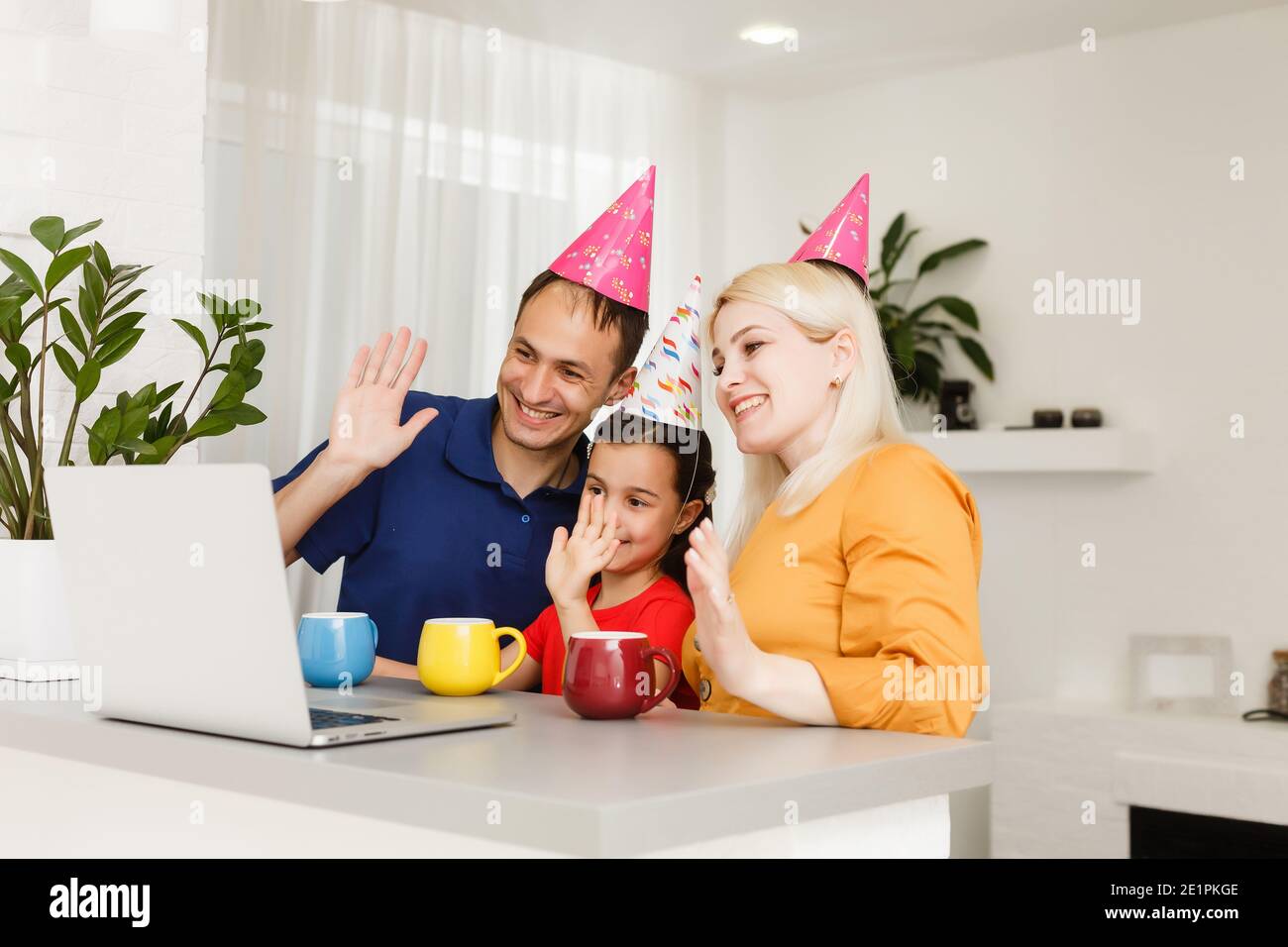 Happy family celebrating birthday via internet in quarantine time, self ...