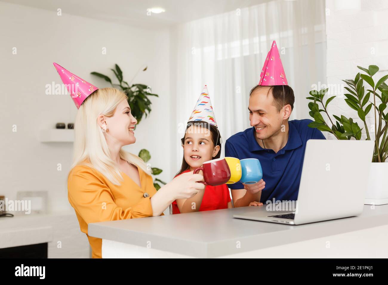 Happy family celebrating birthday via internet in quarantine time, self ...