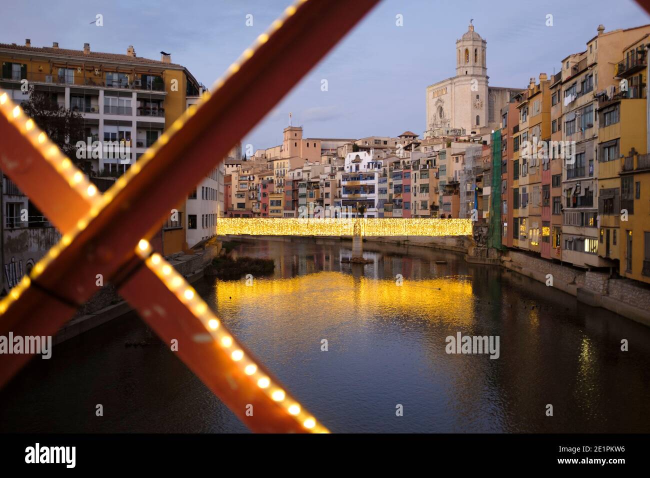 Girona's urban cityscape skyline at dusk with famous gothic cathedral ...