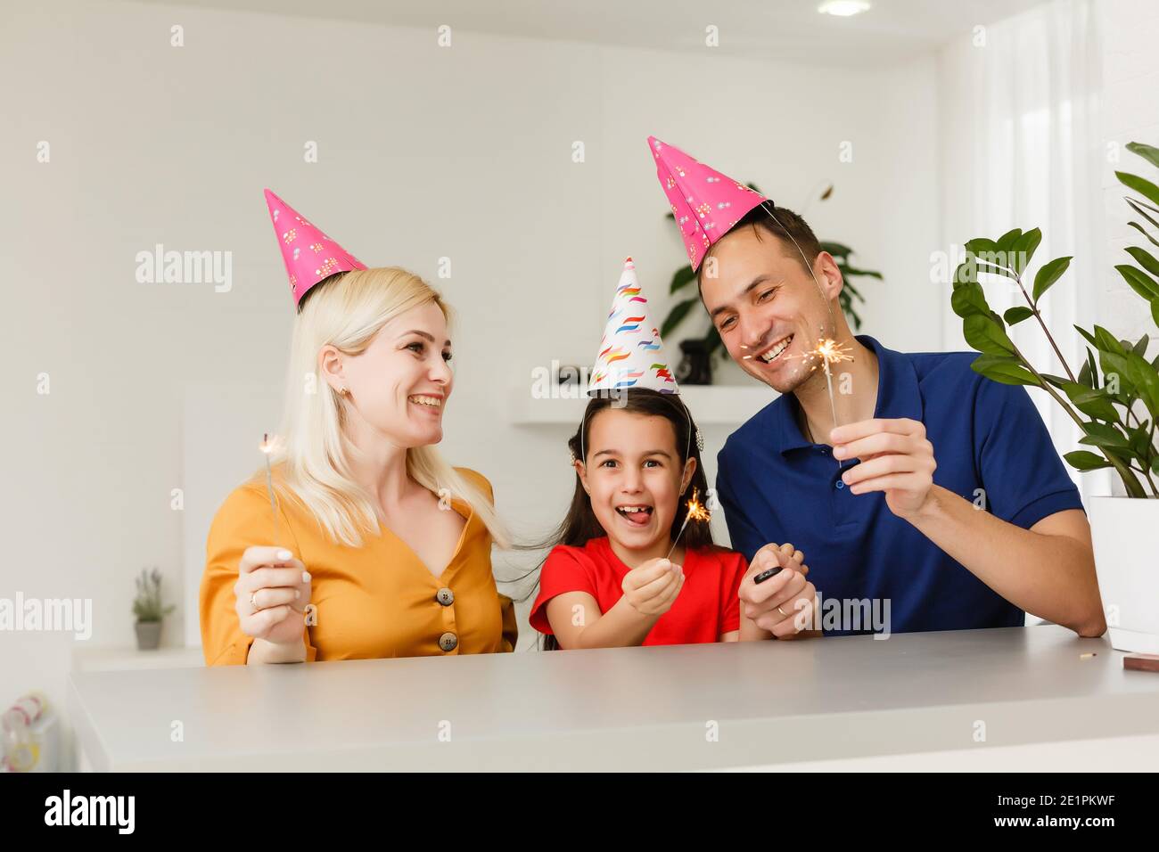 Happy family celebrating birthday via internet in quarantine time, self ...